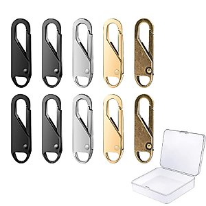 Zipper Pull Tab Kit Zipper Pull Replacement,Metal Zipper Pulls for Purses,Handbags,Luggage,Backpacks,Coats,Detachable Zipper for Sewing,with Small Storage Box(10+1 Pcs,Black,Silver,Gold,Bronze,Grey)