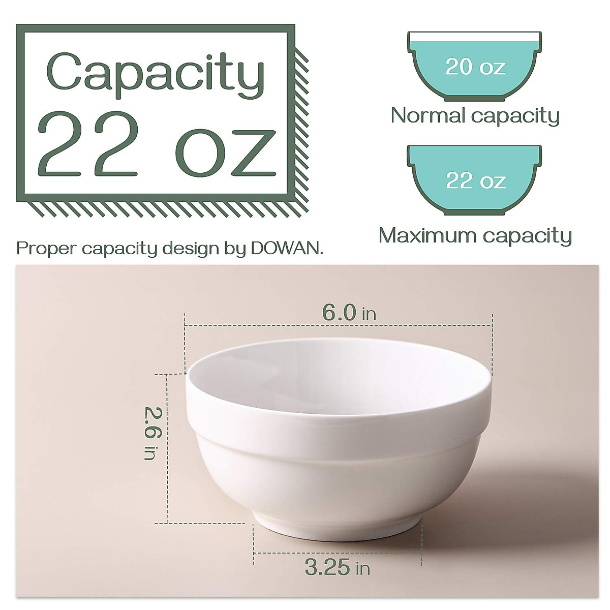 DOWAN 22 Ounce Soup Bowls Cereal Bowls, Porcelain Bowls for Kitchen, White Bowls Set for Cereal, Soup, Rice, Dessert, Oatmeal Breakfast, Set of 4,White