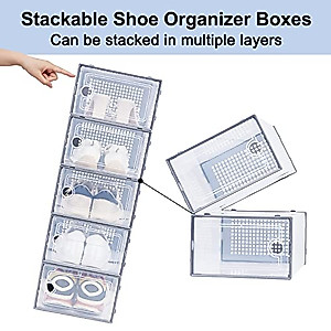 MecTo Shoe Organizer 12 Pack Clear Plastic Shoe Storage Foldable Stackable Closet Shoe Organizer Front Opening Shoe Storage Boxes Space Saving Sneaker Shoe Organizer for Closet Bedroom Multi-use