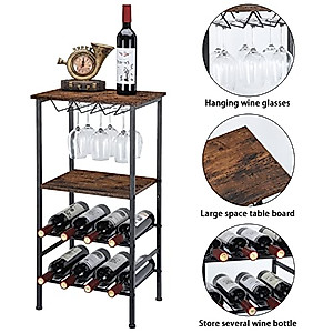 Wine Rack Table, FreeStanding Wine Bar Rack, Wine Bar Cabinet with GlassBottle Holder, Metal and Wood Industrial Wine Cabinet for Home, Floor Liquor Wine Cabinet Storage, for Bar Kitchen Dining