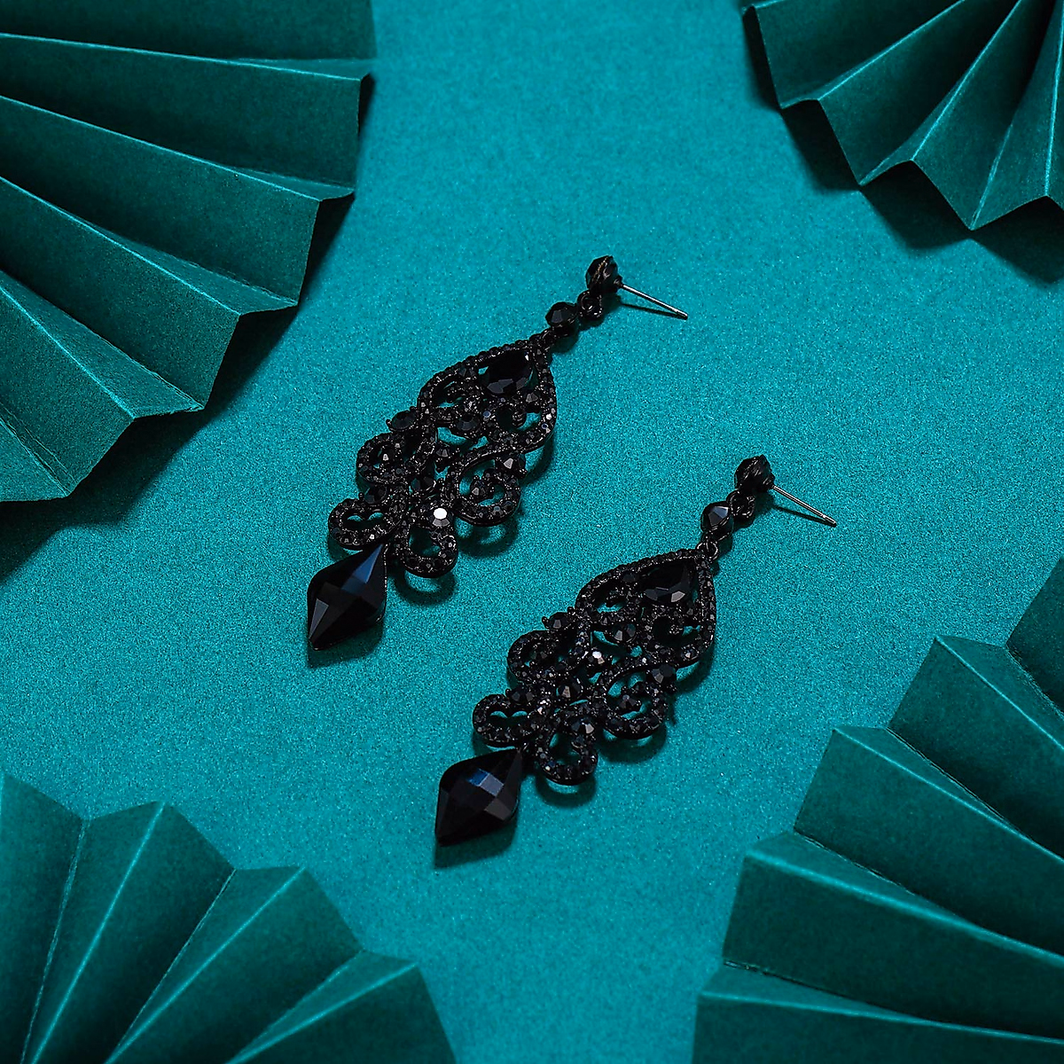 Flyonce Rhinestone Crystal Wedding Art Deco Floral Chandelier Dangle Earrings for Women Black Black-Tone