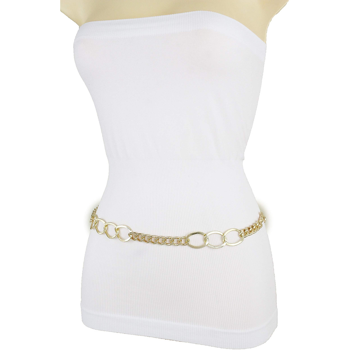 TFJ Women Fashion Narrow Belt Hip High Waist Gold Metal Chain Links Plus Size XL XXL