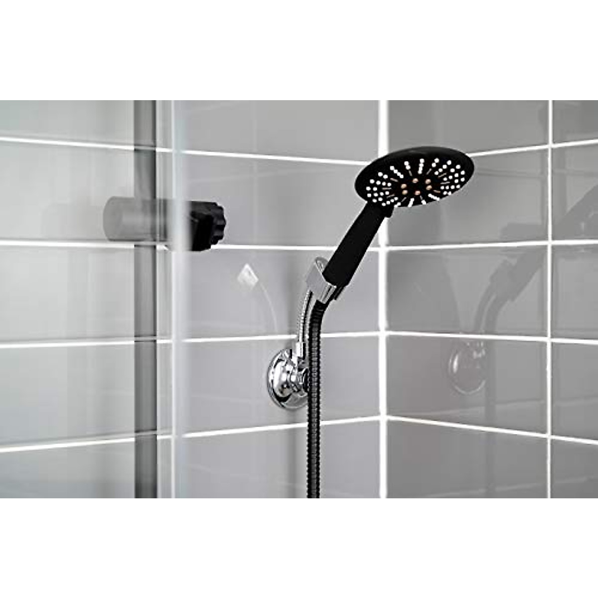 Bath Beyond Shower Head Holder - Flexible Shower Head Holder Adjustable Vacuum Suction Cup Shower Head Wall Mount Holder for Hand Held Shower Head (Adhesive Sticker Provided) (Chrome)