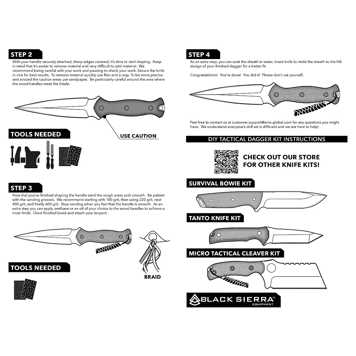 Black Sierra Tactical Dual Edge Knife Building Kit, DIY Fixed Stainless Steel Blade Comes with Leather Sheath, Hobbyist Knife Kit for Survival, Camping, Hunting, Fishing, Gifts