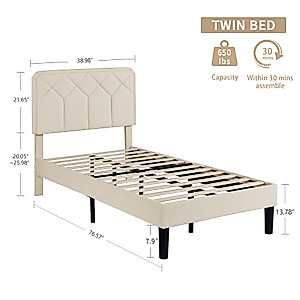 VECELO Twin Size Bed Frame Premium Leather Upholstered Platform with Height Adjustable Headboard/Mattress Foundation, Solid Wooden Slat Support, No Box Spring Needed/Easy Assembly
