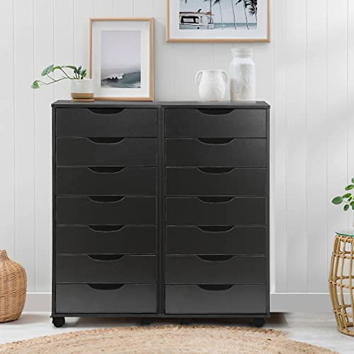 TUSY 7-Drawer Chest, Storage Dresser Cabinet with Wheels, Tall Chest of Drawers for Closet and Bedroom (Black, 7 Drawer)