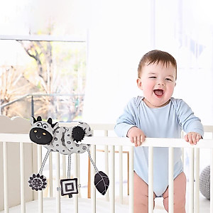 Baby Hanging Stroller Toy, Animal Spiral Plush Circle Activity Car Seat Travel Toys, Black and White Squeak Early Educational Toy for Newborn Boys or Girls