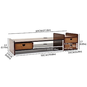 DNYSYSJ Computer Monitor Stand,27L*9W*7H,Laptop Stand Shelf w/2 Drawer,Bamboo Computer Riser,Office Desktop Laptop Support Shelf Organizer for PC Screen/TV Stand