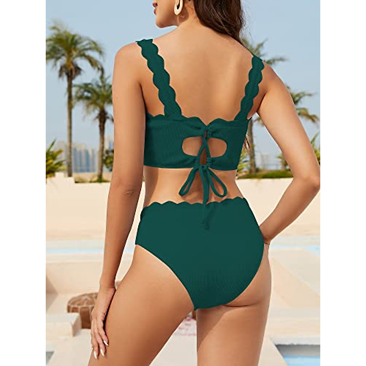 ZAFUL Scalloped Swimsuits for Women High Waisted Bikini Sets Padded Tummy Control 2 Piece Swimwear 7-Deep Green M