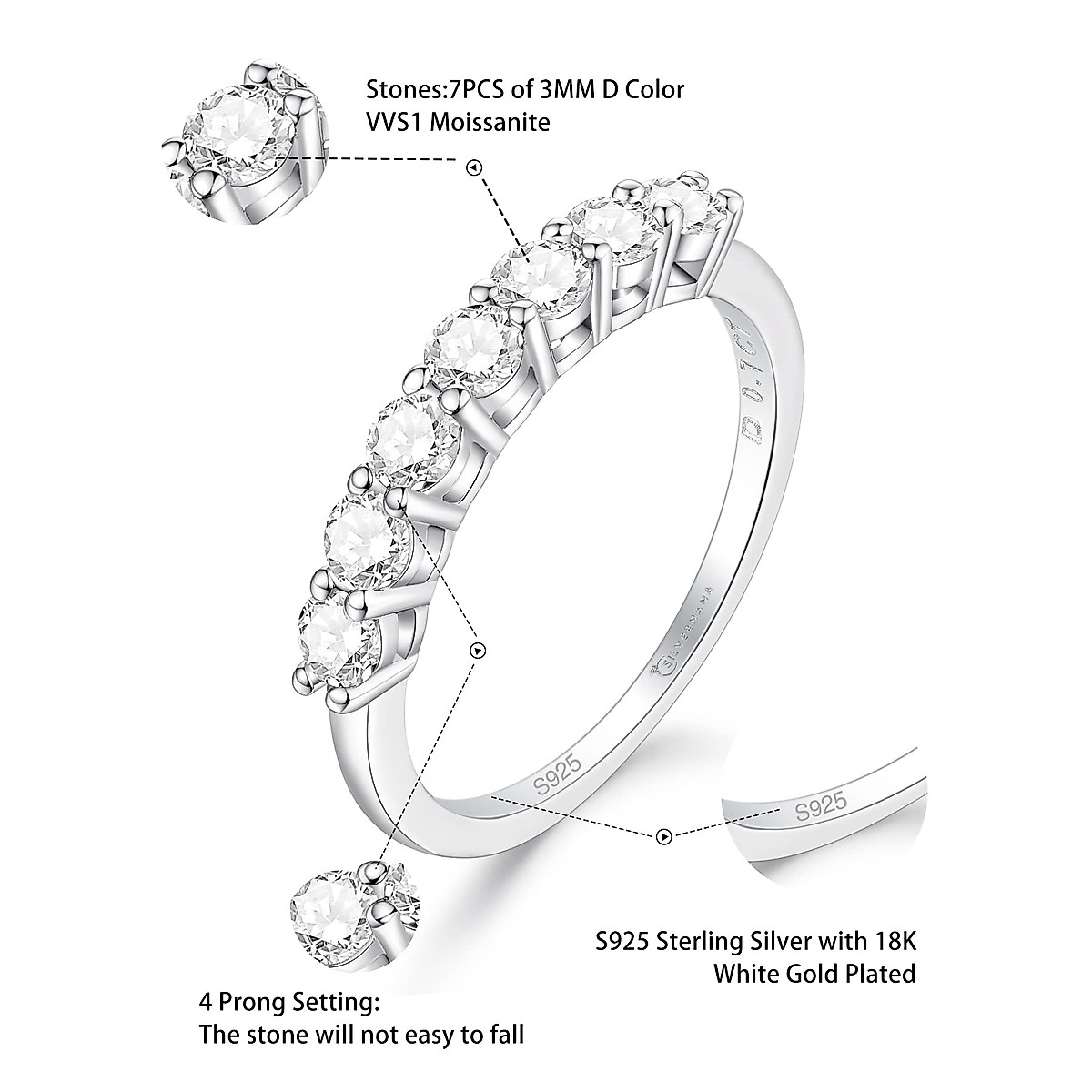 SILVERNANA Wedding Band for Women, Sterling Silver Moissanite Eternity Ring 7 Stones Moissanite Diamond Promise Ring Size 8.5