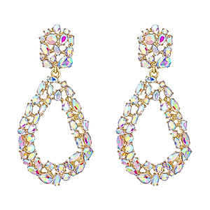 Flyonce Women's Crystal Open Hoop Oval Drop Pierced Dangle Earrings Iridescent Clear AB Gold-Tone