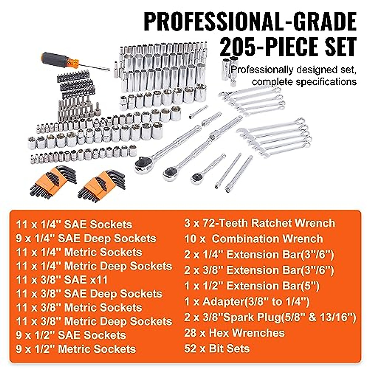 VEVOR Mechanics Tool Set, 205 Pcs SAE and Metric Sockets, 1/4" 3/8" 1/2" Drive Deep and Standard Sockets, Chrome Vanadium Steel, Polyethylene