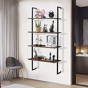 ZenStyle 4-Shelf Bookcase, Industrial Floating Shelves Wall Mount with MDF Wood and Black Metal Frame, Nutmeg/Black