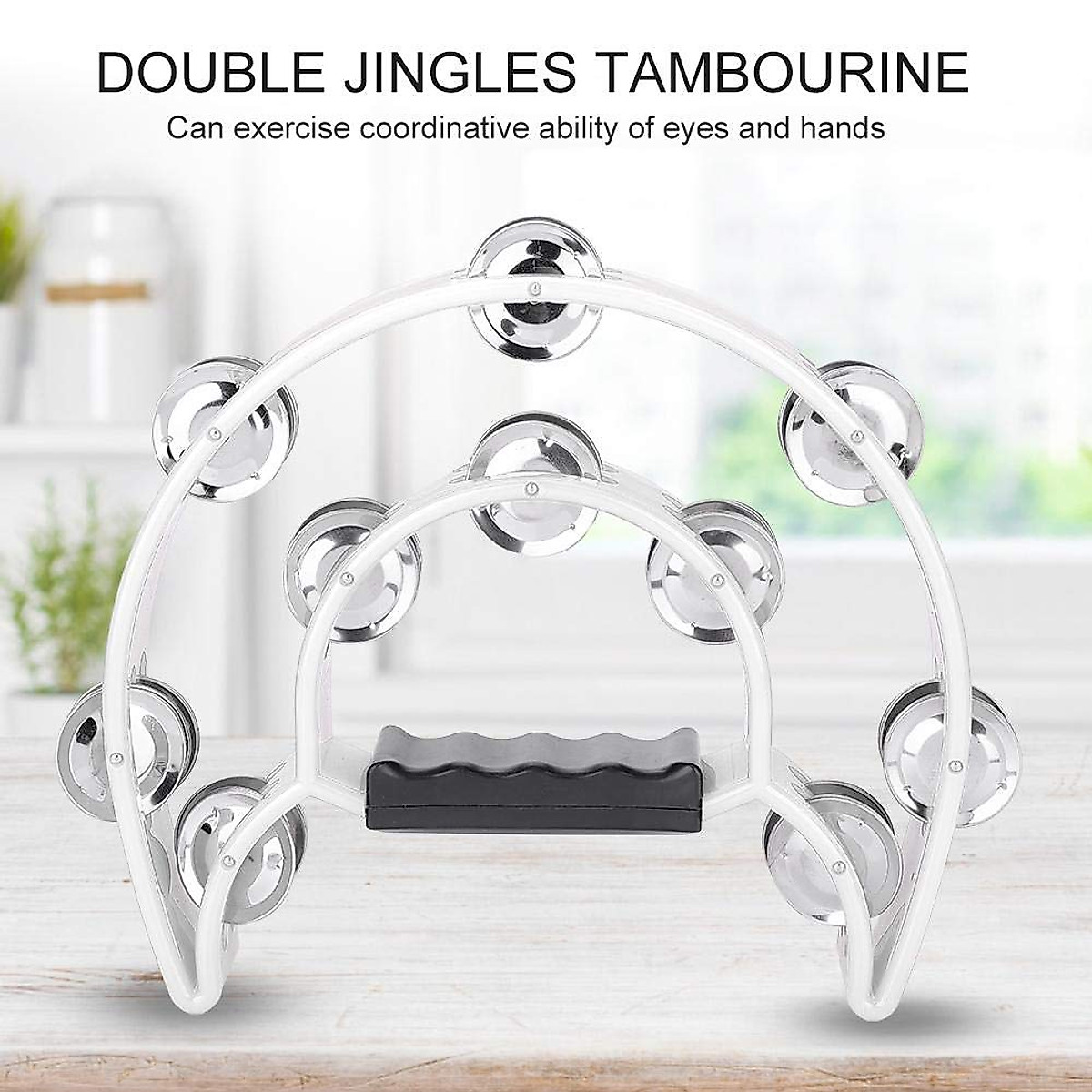 Hand Tambourine Double Row Jingle Handbell Tambourine Percussion Musical Instrument 6 Colors(White)