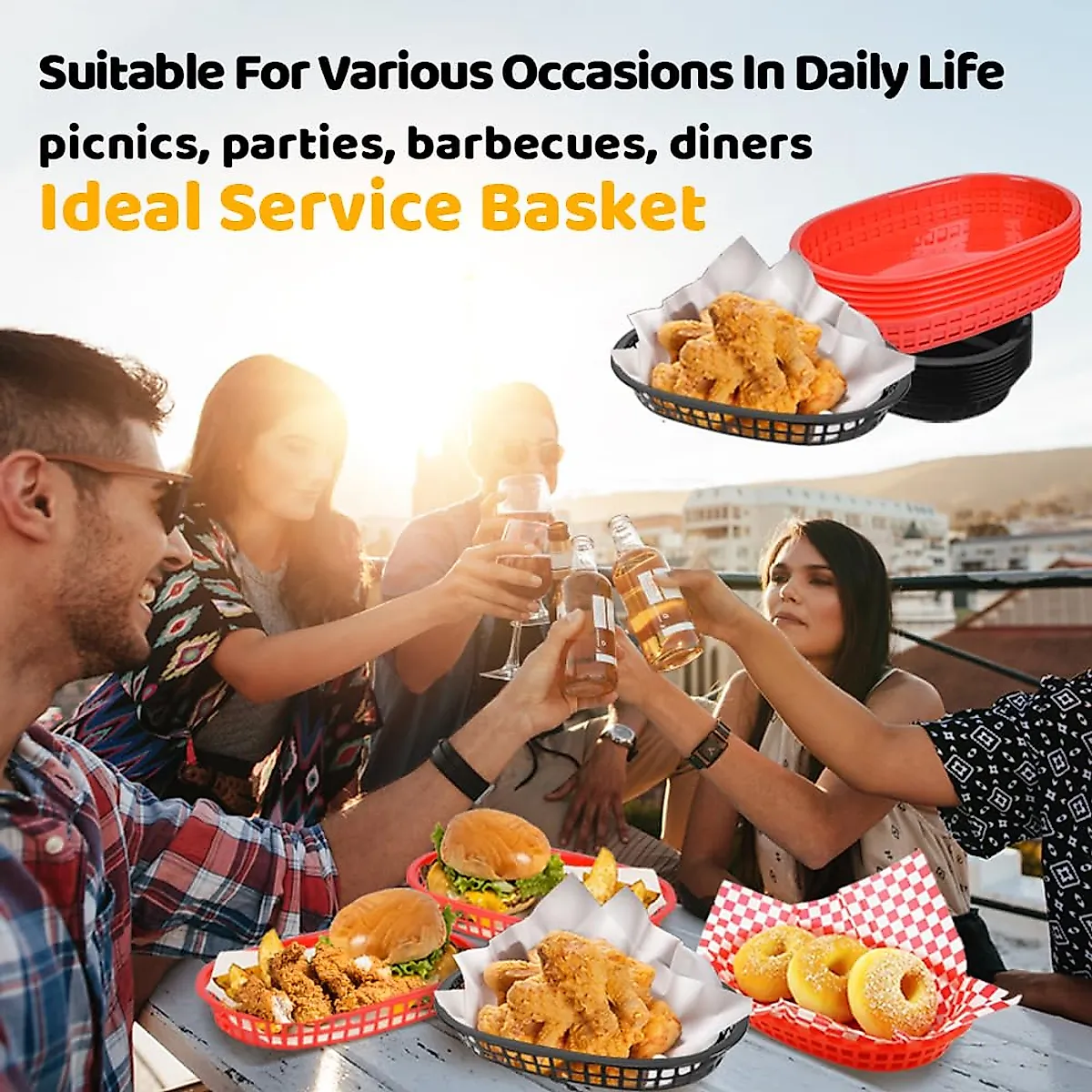 NDSWKR 40 Pack Fast Food Serving Baskets, 10.6 x 7 Inch Plastic Oval Food Baskets, Reusable Deli Baskets for Burgers, Sandwiches, Barbecues, Hot Dog, Chip, BBQ, Picnic, Party (Red)
