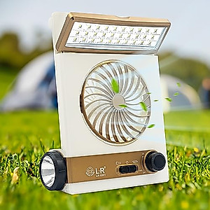 Ansee Solar Fan Camping Fan Cooling Table Fans 3 in 1 Multi-Function with Eye-Care LED Table Lamp Flashlight Torch Solar Panel Adaptor Plug for Home Use Camping (Golden)