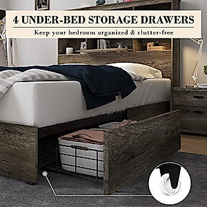 AMERLIFE Queen Size Bed Frame Wooden Platform Bed with 51.2'' Storage Bookcase Headboard, 4 Storage Drawers & Charging Station/No Box Spring Needed/Noise Free/Rustic Grey WBF-002