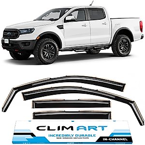 CLIM ART in-Channel Incredibly Durable Rain Guards for Ford Ranger 2019-2023 SuperCrew, Original Window Deflectors, Vent Deflector, Vent Window Visors, Dark Smoke, Truck Accessories, 4pcs - 619124LP