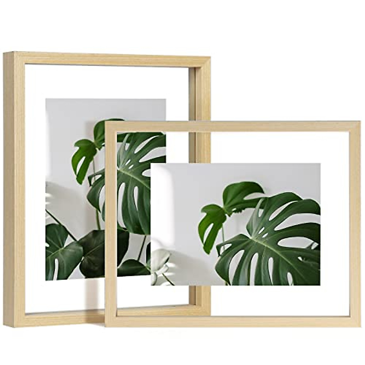 Egofine 8x10 Floating Frames Set of 2, Double Glass Picture Frame, Made of Solid Wood Display Any Size Photo up to 8x10, Wall Mount or Tabletop Standing, Natural Wood