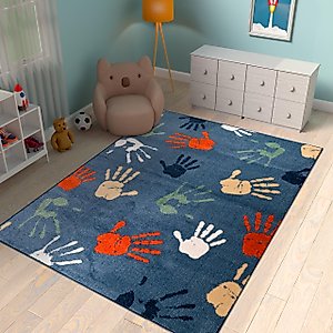 Orian Rugs Playroom Handprints Rug - Blue 4 x 6 Abstract Indoor Kids Area Rug