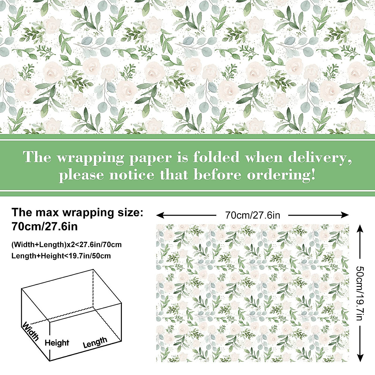 AnyDesign Greenery Wrapping Paper Watercolor Green Leaves Gift Wrap Bulk Eucalyptus Art for Wedding Baby Shower Bridal Spring DIY Crafts Packing, 8 Sheet, Folded Flat (A1767)