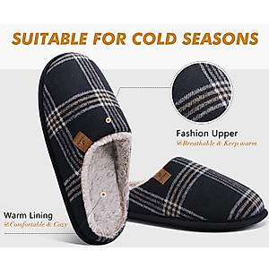 COFACE Mens Black Flano Plaid Cozy Memory Foam scuff Slippers Slip On Warm House Shoes Indoor/Outdoor With Best Arch Support Size 9