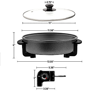 Nonstick Electric Skillet - Aluminum Coated Grill Pan & Glass Lid Cover (12-Inch)