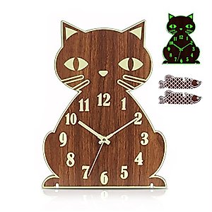 Night Light Wall Clock - Cat Wall Clocks Glow in Dark, Silent Non-Ticking Wood Clocks Battery Operated, Rustic Farmhouse Modern Clock Decorative for Kitchen Living Room Bedroom (12 Inch)