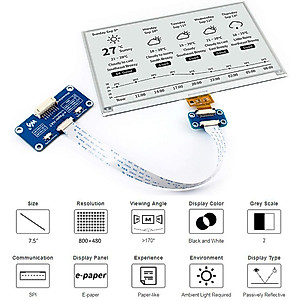 waveshare 7.5inch E-Ink Display HAT,800x480 Pixel Black,White Two-Color SPI Interface E-Paper Screen LCD for Raspberry Pi 4B/3B+/3B/2B/Zero/Zero W/Zero WH and Jetson Nano no/Ard/Nucleo