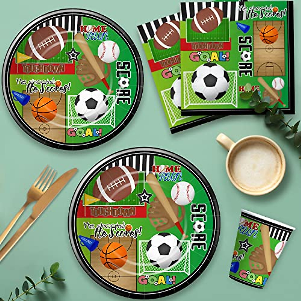 Xigejob Sports Party Supplies Decorations - Sports Theme Birthday Party Supplies, Plates, Cups, Napkins, Sports Birthday Decorations, Soccer Basketball Baseball Football Theme Dinnerware | Serve 48