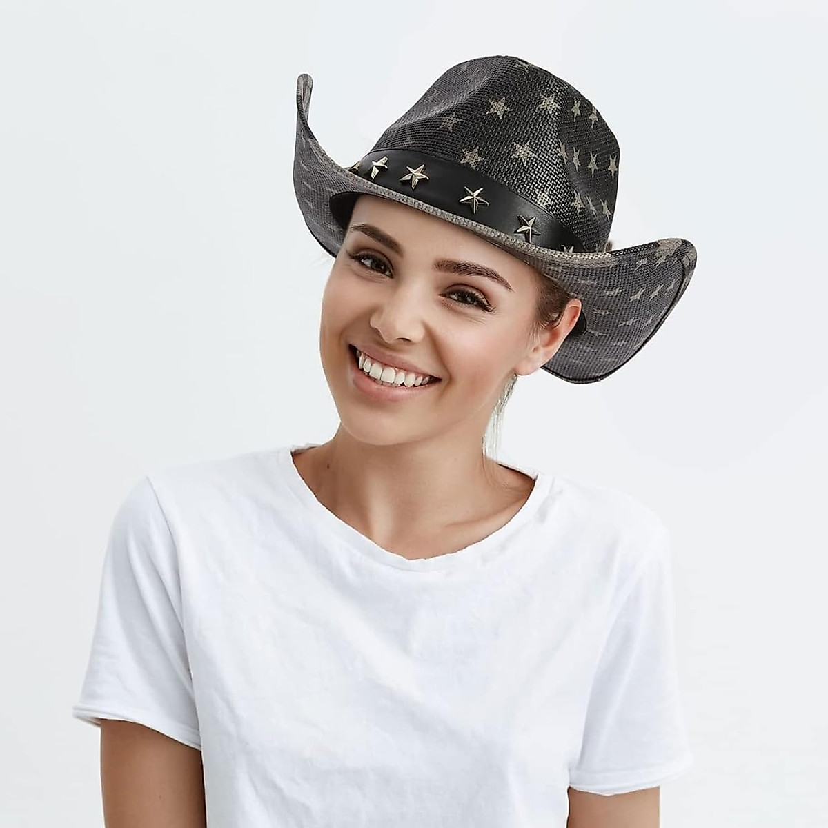Vamuss Vintage USA American Flag Cowboy Hat w/Western Shape-It Brim (Black-Grey)