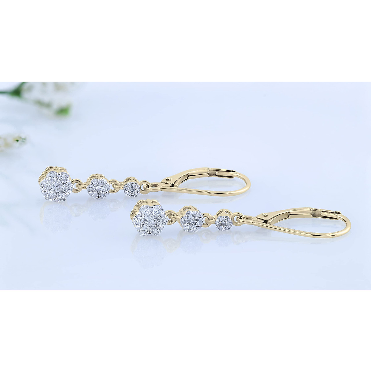Dazzlingrock Collection Round Composite White Diamond Flower Dangle Drop Lever Back Earrings for Women (0.45 ctw, Color I-J, Clarity I2-I3) in 10K Yellow Gold