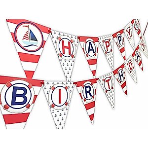 POP parties Nautical RED Happy Birthday Banner Pennant - Sailboat Party Banner - Made in The USA
