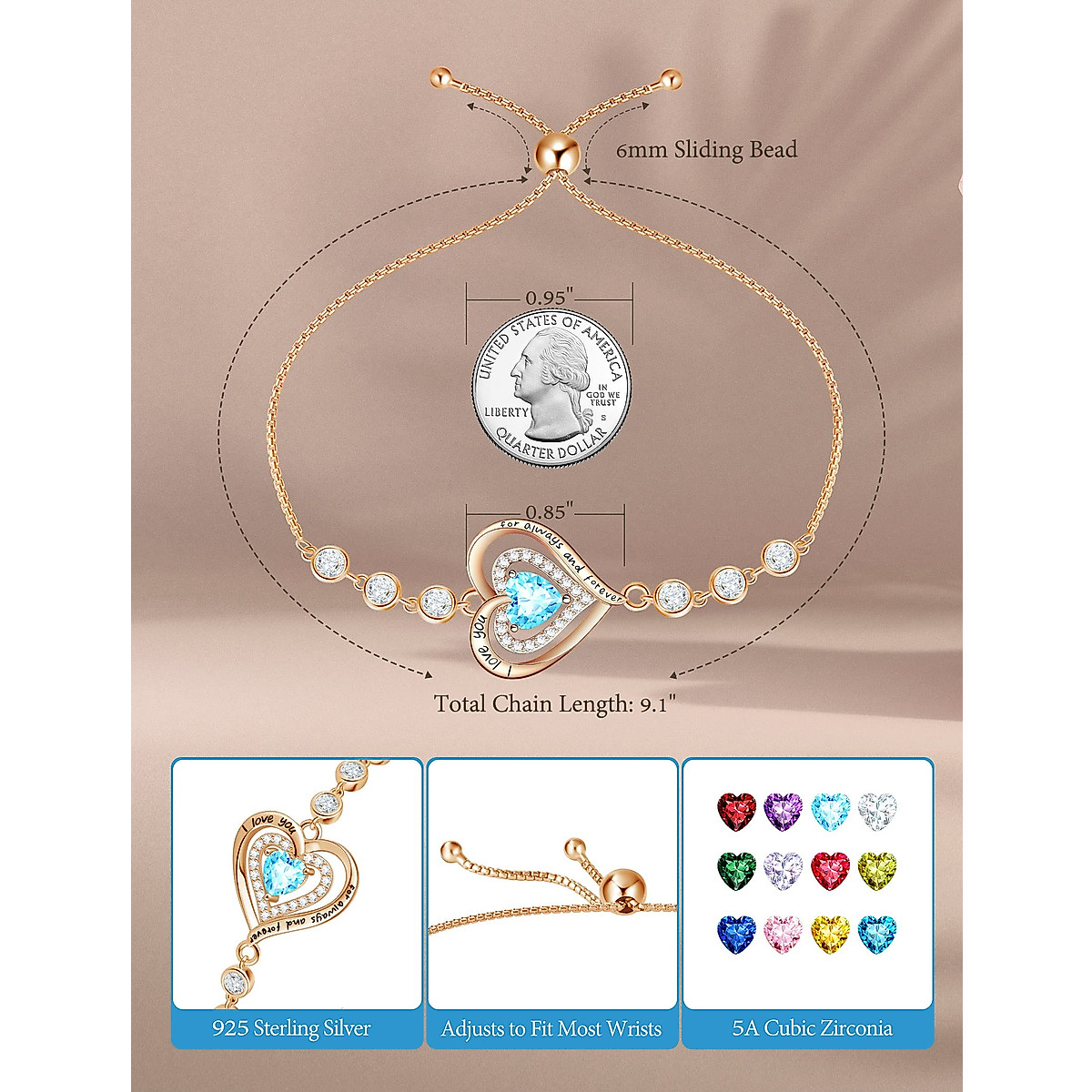 925 Sterling Silver Birthstone Bracelets for Women with 5A Birthstone Zirconia Forever Love Heart Bolo Tennis Bracelet Jewelry Gifts for Mom Her Women,Adjustable Chain Length 9.1 inch