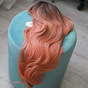 Clearance Ombre Pink Wig with Bangs 26 Inch 65cm Long Wavy Synthetic Wig Ombre Dark Root To Pink Colored Wigs for Women Heat Resistant Wigs for Daily Cosplay Party Wear Natural Looking Wig
