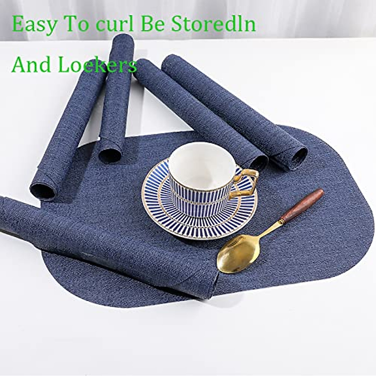 XINYUN Oval Place Mats Indoor Set of 6 Washable Navy Blue Kitchen Table Placemats Vinyl Woven Patio Table Mats Heat Resistant Non Slip Decorate for Outdoor Garden Picnic Beach Dining Table