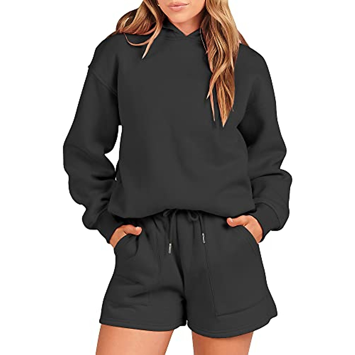 ANRABESS Women 2 Piece Outfits Hoodies Short Set Oversized Fleece Sweatshirt Shorts Sweatsuit Y2K 2023 Fall Clothes Lounge Matching Sweat Set 1046heise-L