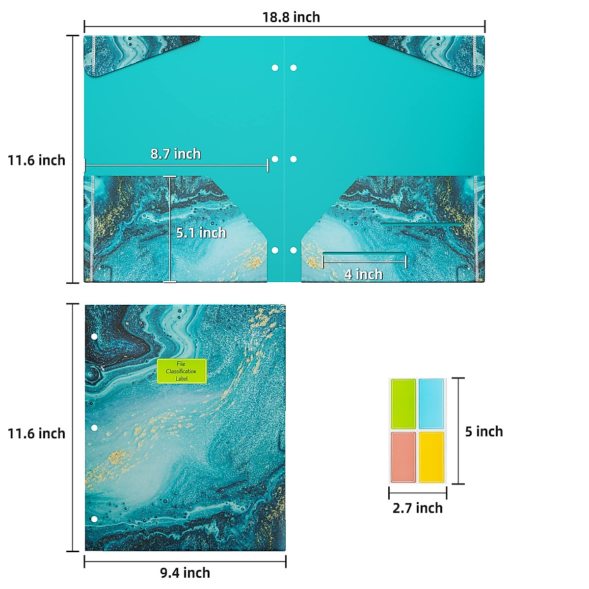 Ospelelf Folders with Pockets, Waterproof Plastic Folder with Two Fixed Corner Tabs and 2 Pockets Includes Business Card Slot, Includes Sticker, Fits 3 Ring Binder Holds 11" x 8.5", 6-Pack