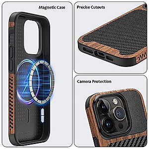 ZZDZZ Magnetic Case Compatible with iPhone 14 Pro Max Case [Compatible with MagSafe] Wood and Leather Carbon Fiber Design Hybrid Shockproof Phone Case (Black)