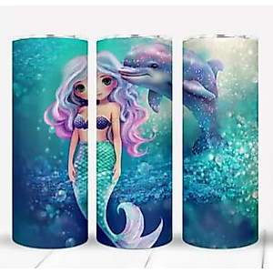 Mermaid and Dophin glitter look tumbler- 20oz skinny tumble stainless steel insulated tumbler with straw and grip pad on bottom - comes in a gift box