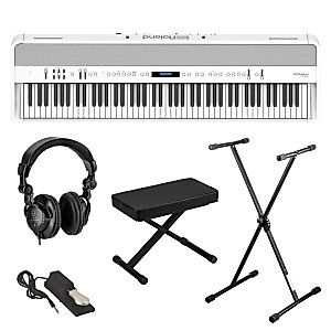 Roland FP-90X 88-Key Portable Digital Piano, White Bundle with Stand, Bench, Sustain Pedal, Studio Monitor Headphones
