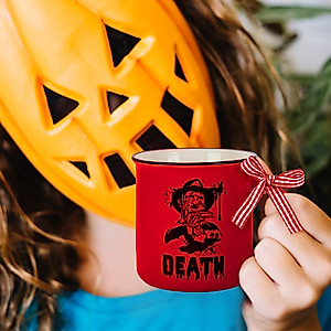 Whaline 4Pcs Halloween Mini Mugs with Plaid Ribbon Horror Movie Character Mini Coffee Mug Halloween Party Cups for Table Centerpieces Tiered Tray Decor Gifts