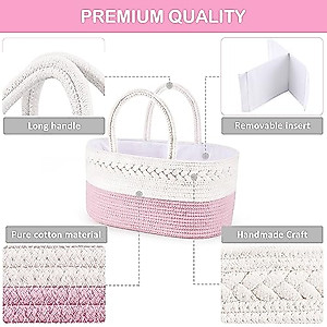 ABenkle Diaper Caddy Organizer, Stylish Cotton Rope Baby Basket Changing Table Nursery Storage Bin Portable Car Organizer, Girls Gifts Tote Bag for Baby Shower, Pink