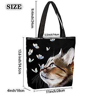 Cat Kitten Canvas Tote Bag for Women Reusable Grocery Bag with Zippered Top Butterfly Grocery Shopping Bags Beach Bag Book Bags Small