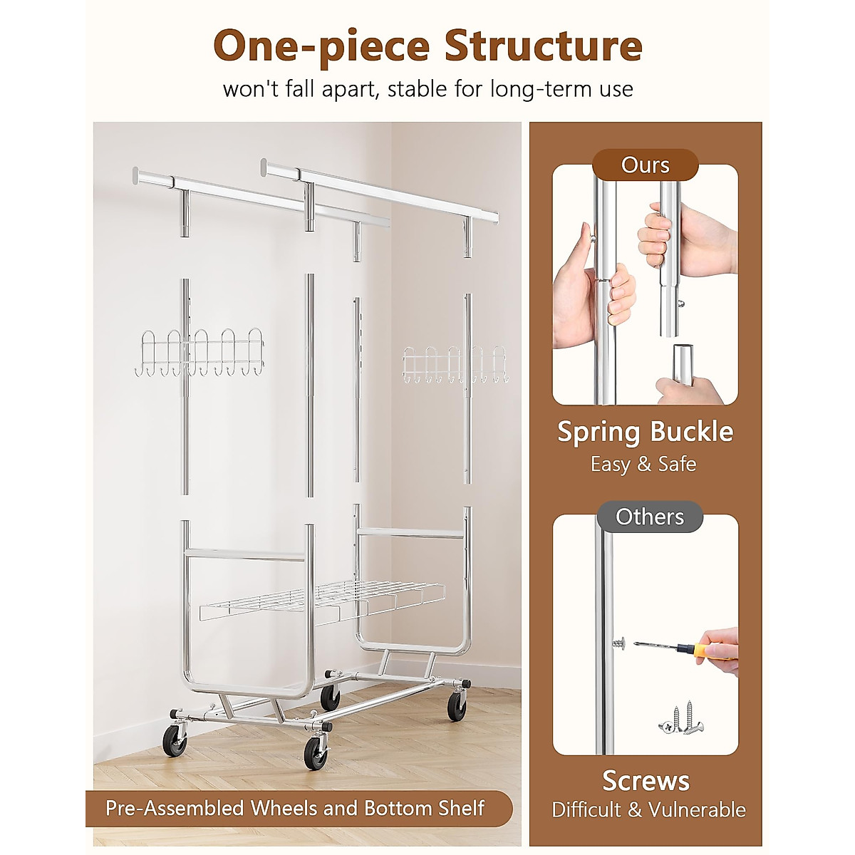 Hoctieon 2-Minute Assembly Double Rod Clothes Rack, Heavy Duty Rolling Clothing Racks with Wheels, Foldable Commercial Garment Rack, Extendable Hanging Bar, Adjustable Metal Pole with Hooks, Chrome
