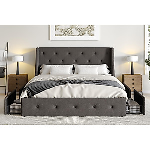 SHA CERLIN Upholstered Full Size Platform Bed Frame with 4 Storage Drawers and Wingback Headboard, Diamond Stitched Button Tufted Design, No Box Spring Needed, Dark Grey