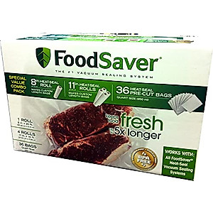 FoodSaver B005SIQKR6 Special Value Vacuum Seal Combo Pack 1-8" 4-11" Rolls 36 Pre-Cut Bags, 1Pack, Clear