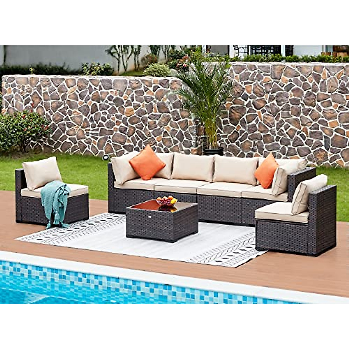 NATURAL EXPRESSIONS 7 Piece Outdoor Patio Furniture Sets,All-Weather Wicker Sectional Sofa Patio Set Conversation Set,Tempered Glass Table & Washable Cushions for Backyard,Porch,Garden,Balcony