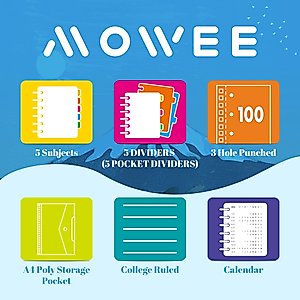 MOWEE Spiral Notebook - 5 Subject Notebook, College Ruled Notebook 3-Hole Punched With Dividers, Storage Pockets, 11" Ruler, 100 Sheets of 200 Pages, for Writing Journal, Home &Office, School