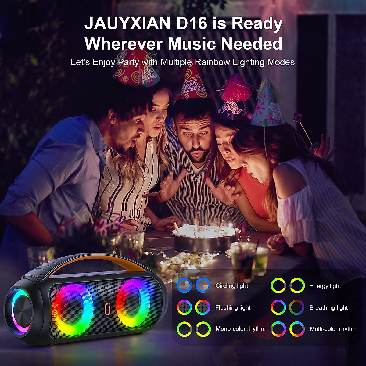 Portable Bluetooth Speaker, Loud Boombox Speaker with Subwoofer, Powerful Deep Bass Stereo Sound, IP65 Waterproof, Wireless Outdoor Speaker for Camping, Beach, Party, Support TWS/USB/TF Card/AUX